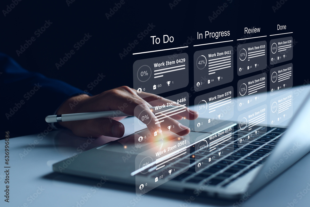 Agile software development or project management using kanban or scrum methodology boards on ...
