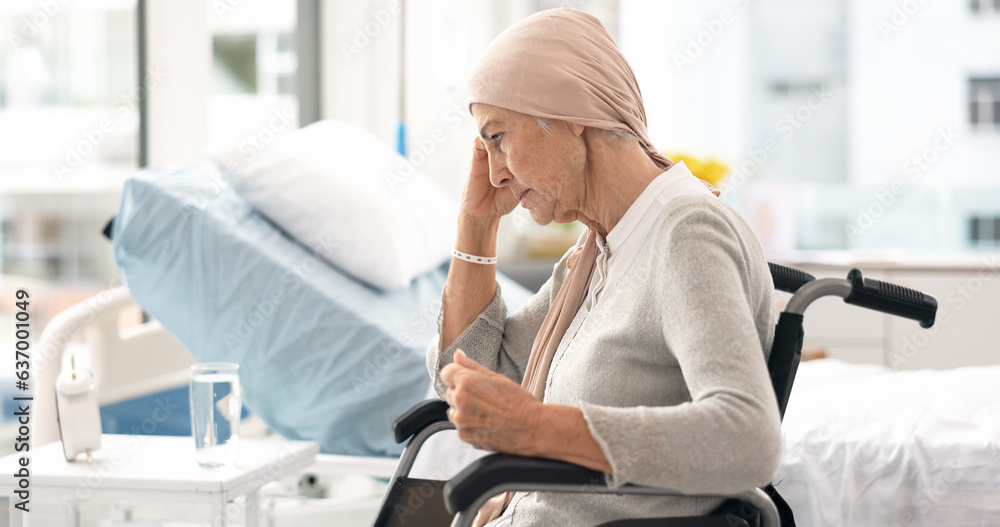 Cancer, Parkinson and angry elderly woman at hospital in wheelchair ...