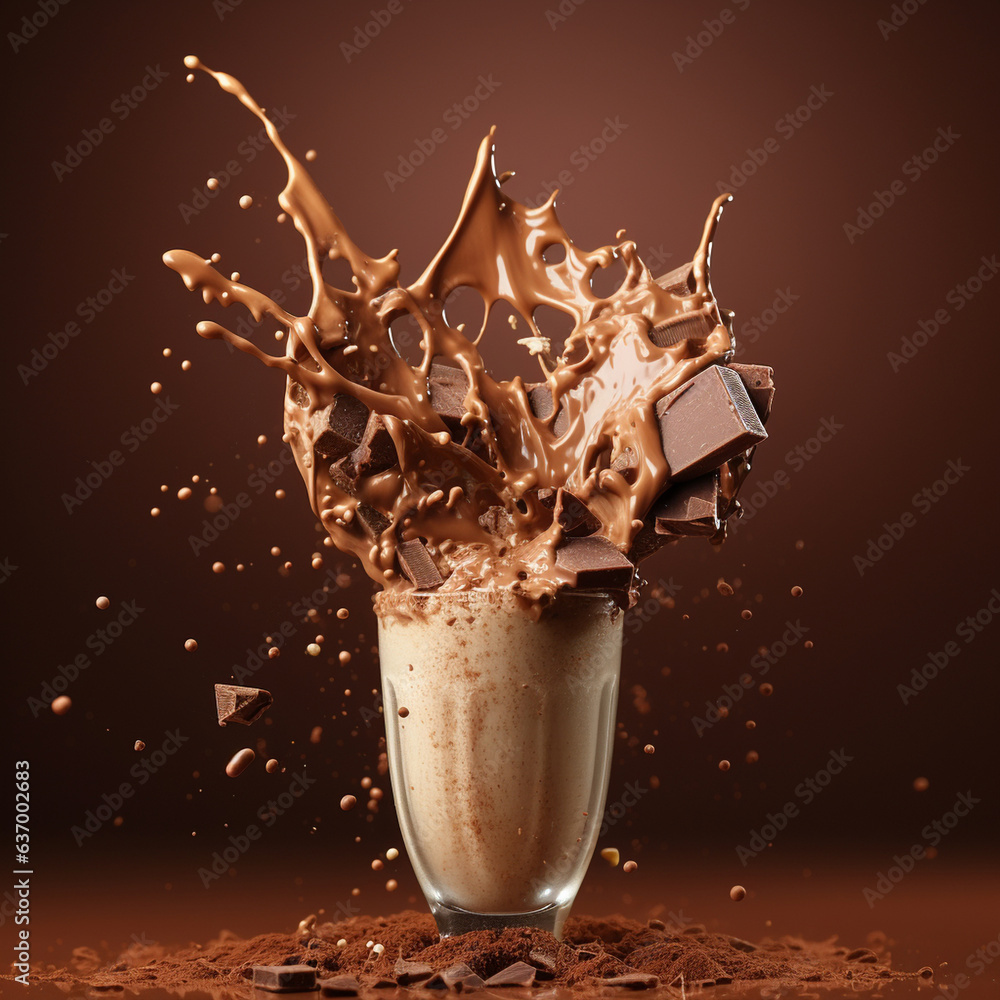 Chocolate milkshake with splashes and chocolate chunks on a brown ...