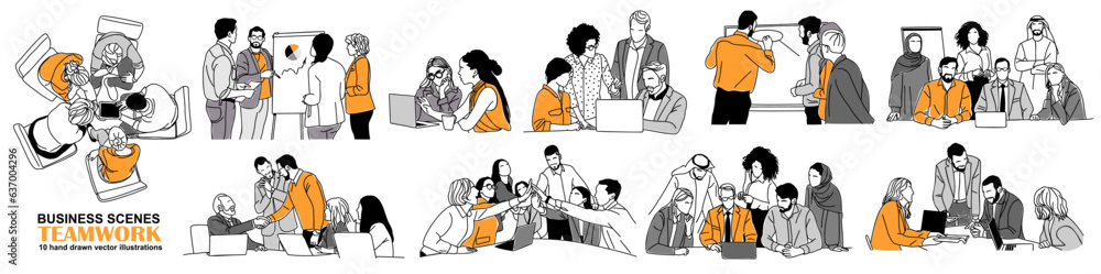 Team work business scene illustrations. Set of diverse multinational ...