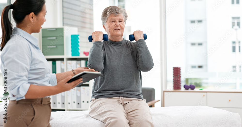 Physical therapy, senior patient with dumbbells and chiropractor with ...