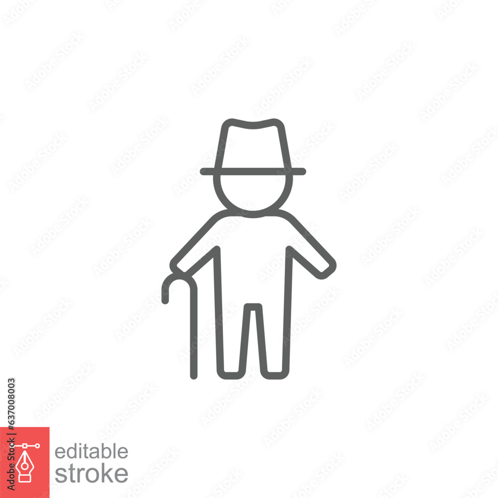Old man icon. Simple outline style. Person with cane, stick, elder age ...