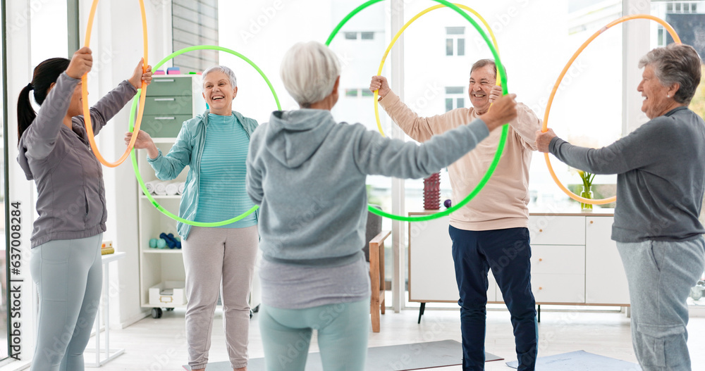 Fitness, senior and people with hula hoop at the gym for training ...
