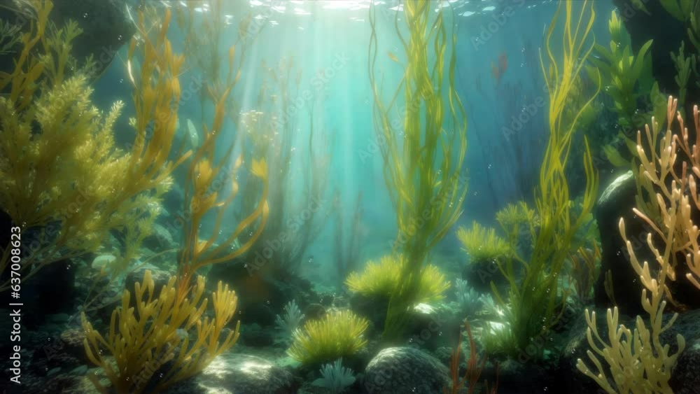 Close up underwater scene with aquatic plants seaweed and bubbles in ...