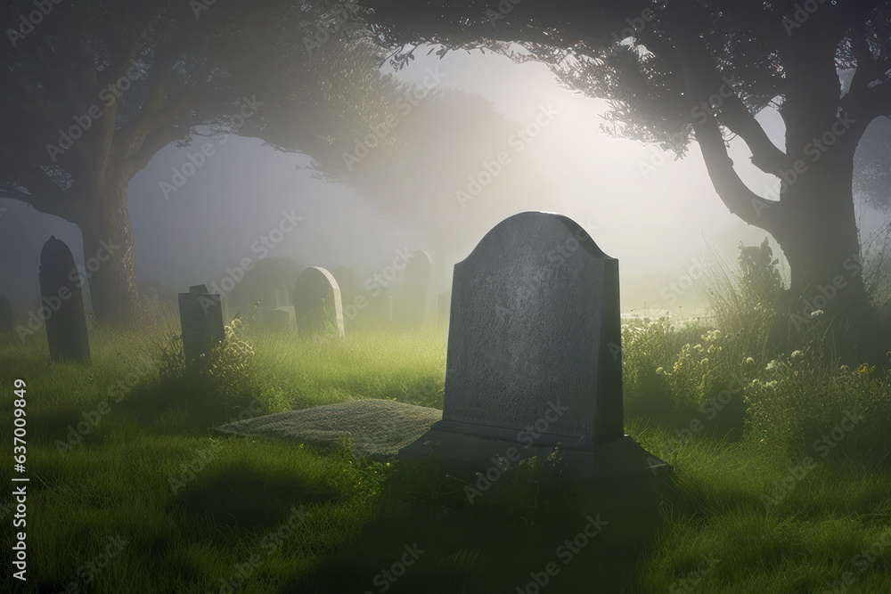Old blank burial stone stands out against a foggy backdrop of graves ...