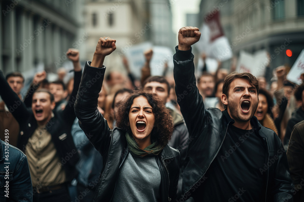 Protestors march through the city streets with rally, fists clenched ...