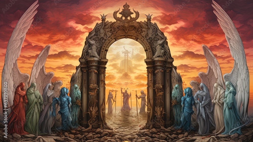 Oil drawing of angels waiting at the gate of heaven. Generative AI ...