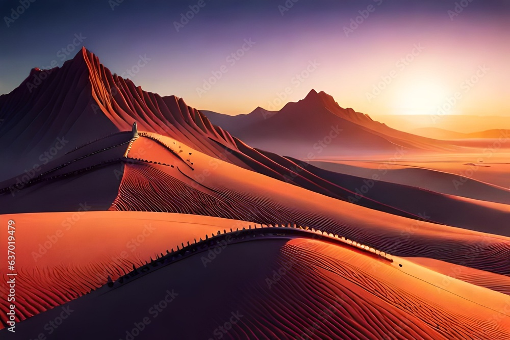 A majestic desert mountain range stretches across the horizon, its ...