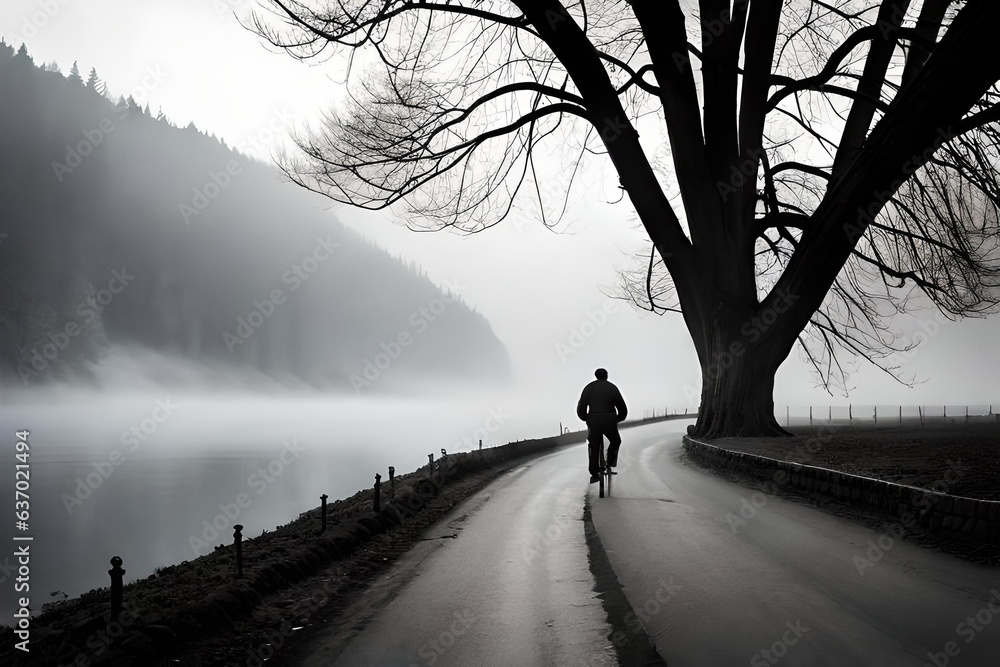 "Through a shroud of mist, an obscured pathway winds its way ...