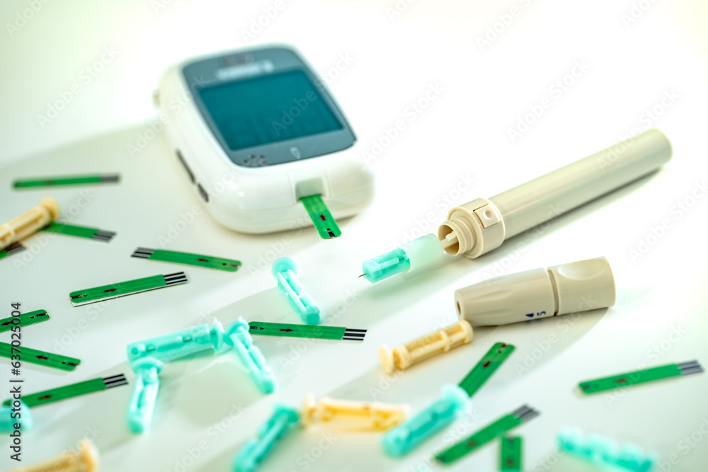 Top view the lancing device and blood lancets test needle and testing ...