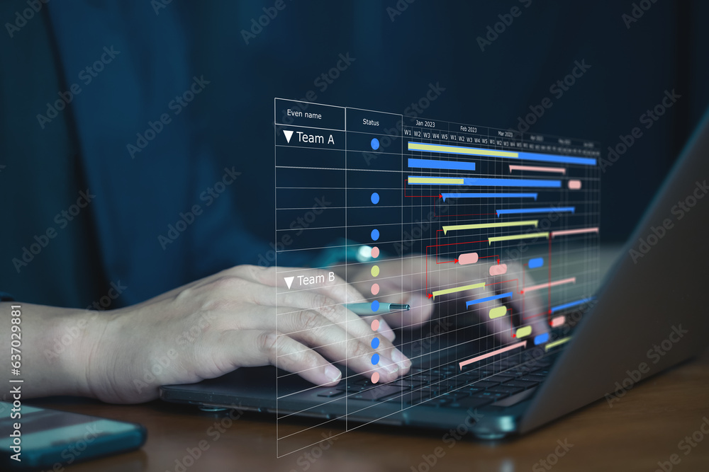 Business people check schedule on table in visual screen, meeting table ...