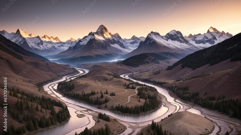 the tremendousness of snow-capped peaks against a clear sky, with a ...