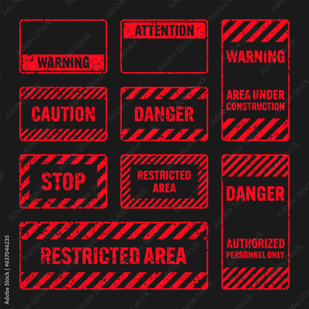 Various red grunge warning signs with diagonal lines. Old attention ...