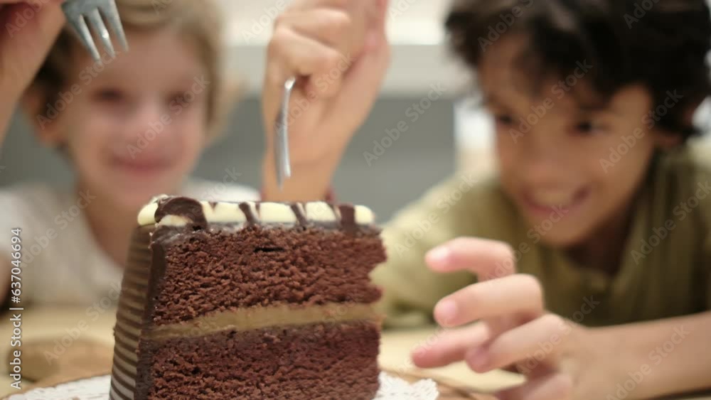 Two brothers 5 and 7 years old share chocolate cake celebration enjoy ...