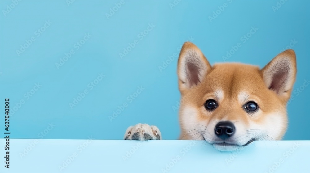 Cheerful and joyful Shiba Inu puppy, with a smiley expression, peeking ...