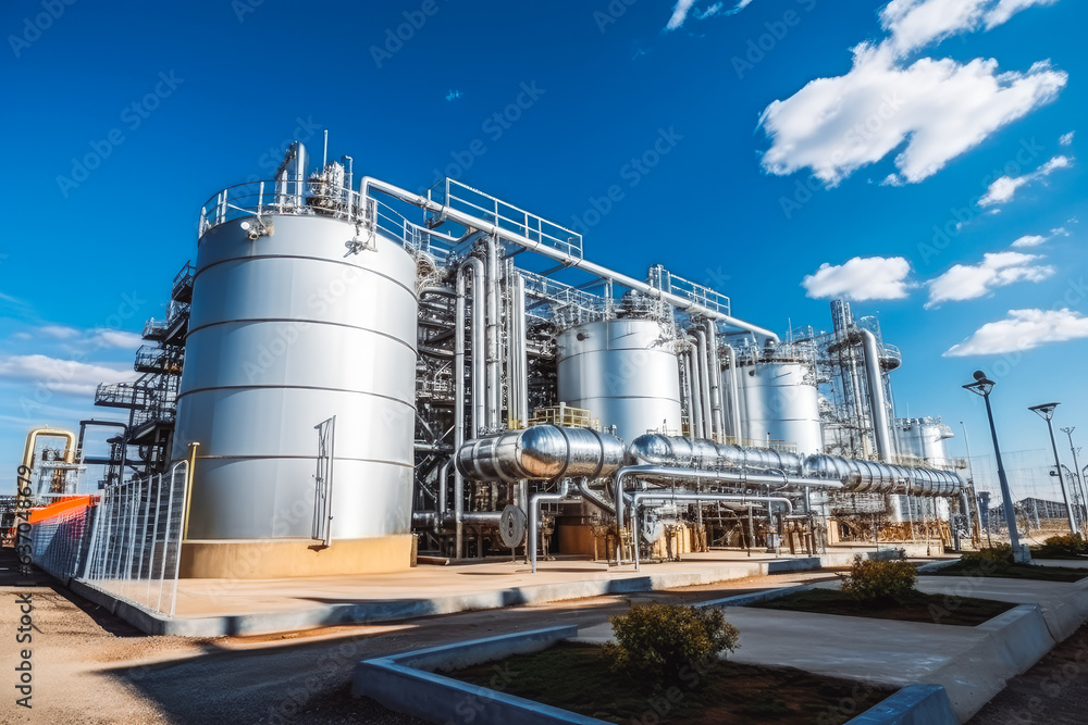 Hydrogen power plant large steel tanks and pipes. Big power plant pipes ...