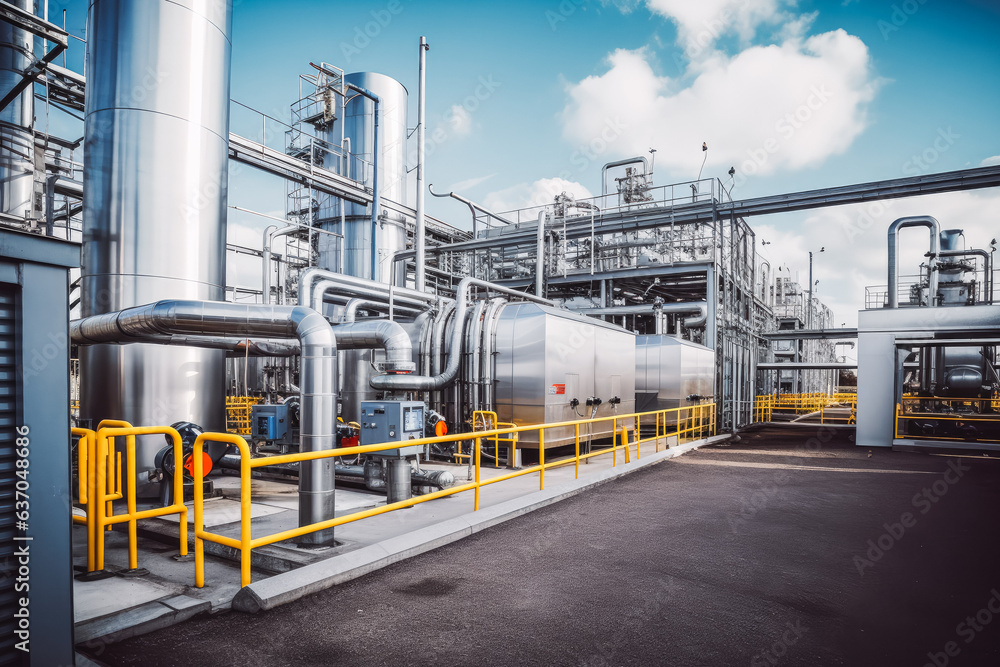 Hydrogen power plant large steel tanks and pipes. Big power plant pipes ...