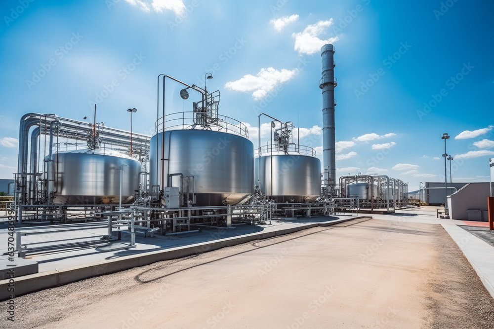 Hydrogen power plant large steel tanks and pipes. Big power plant pipes ...