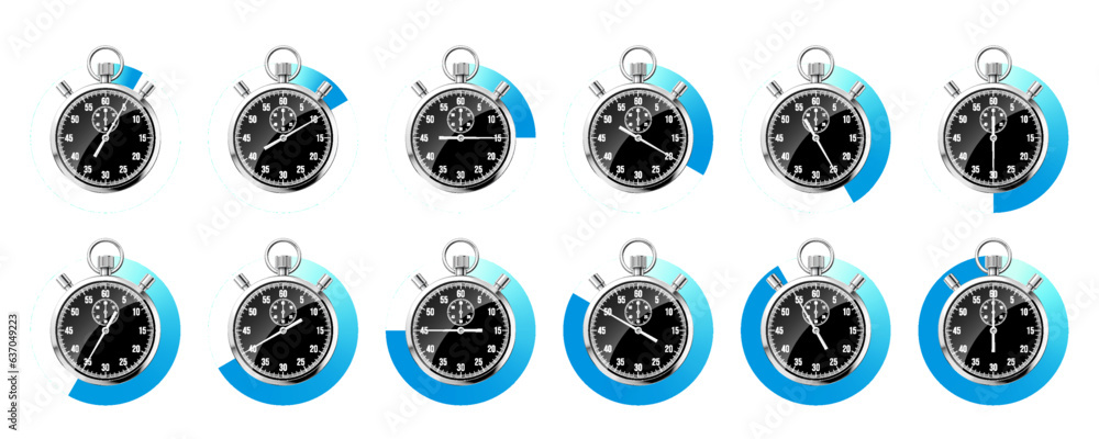 Realistic classic stopwatch. Shiny metal chronometer, black time ...
