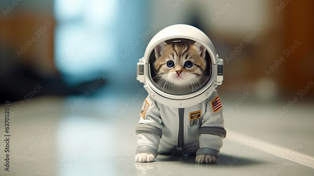 Cute little kitten in space suit and helmet. Space travel concept ...