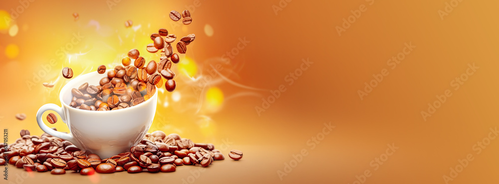 Coffee banner with natural roasted arabica coffee beans spilled out of ...