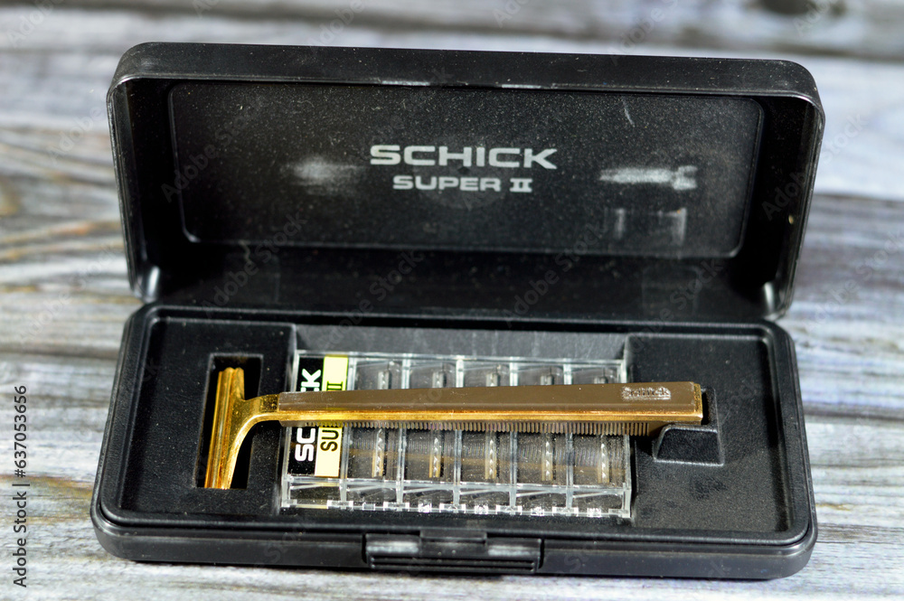 Giza, Egypt, August 12 2023: Old Schick Super II handle and razors ...