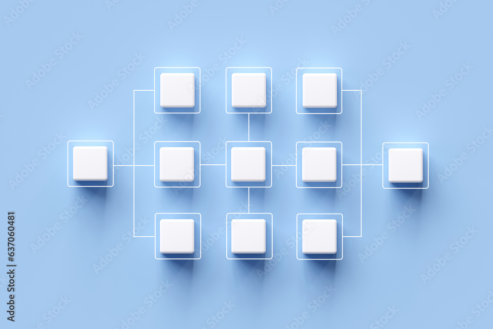 White cubes with lines connecting diagrams on blue background ...