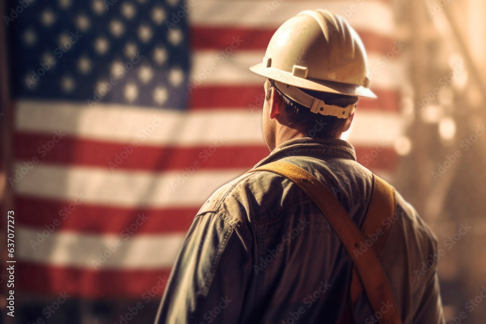 Portrait of workman back view in uniform and safety helmet at ...