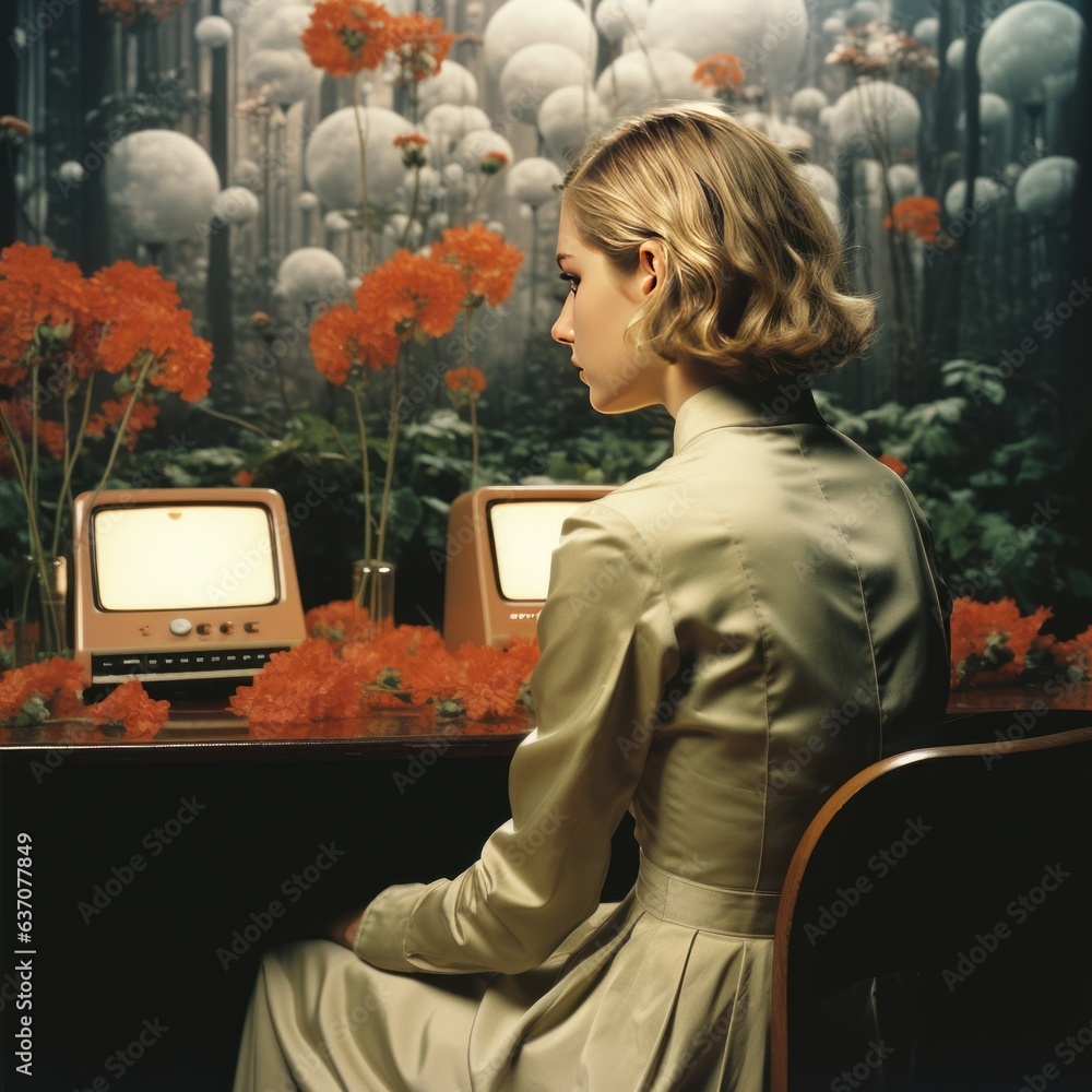Retro-futuristic world, a woman interacts with vintage technology ...