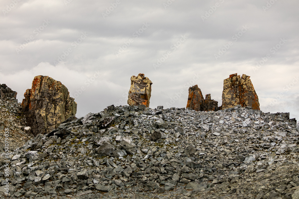 Rocky Beach and Lichen Encrusted Stone Towers on Half Moon Island ...