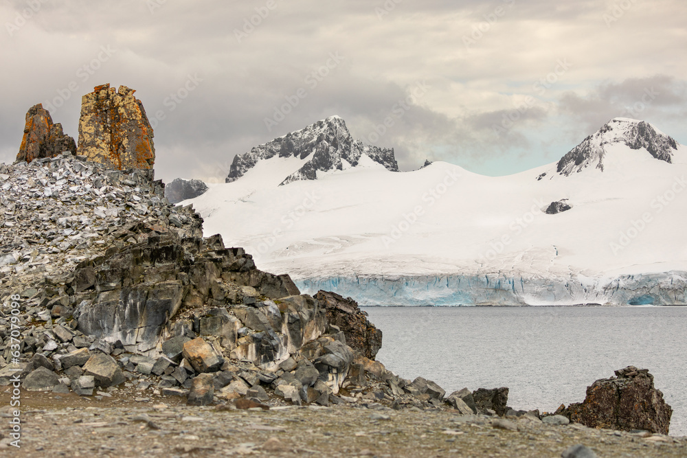 Basalt and Shale Rocky Island and Lichen Encrusted Rock Towers, Snowy ...