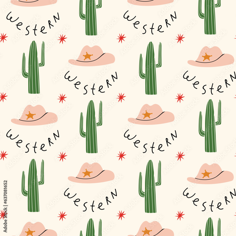 Western. Vector pattern in wild west style with cowboy hat and cactus ...
