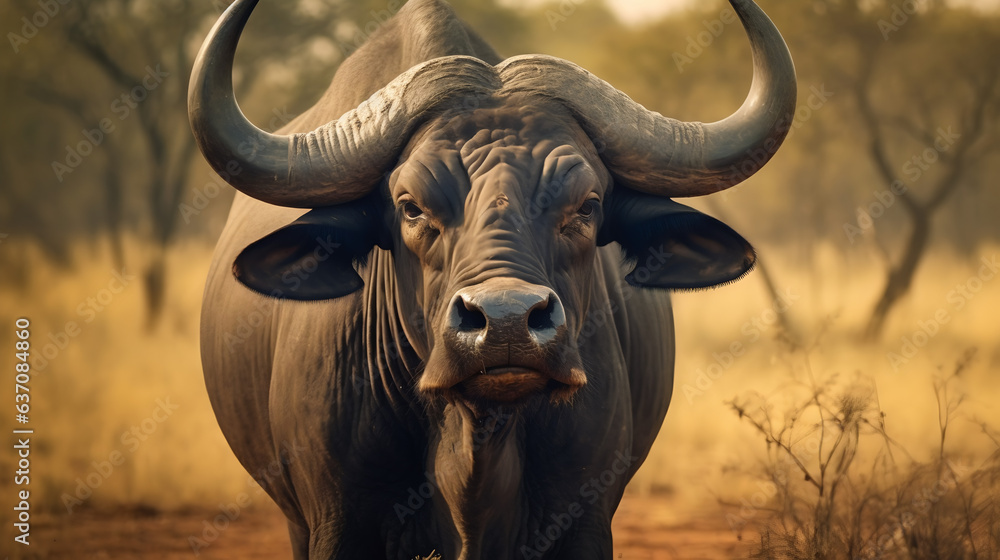 Buffle africain, face à la caméra, hyper-détaillé, en haute définition ...