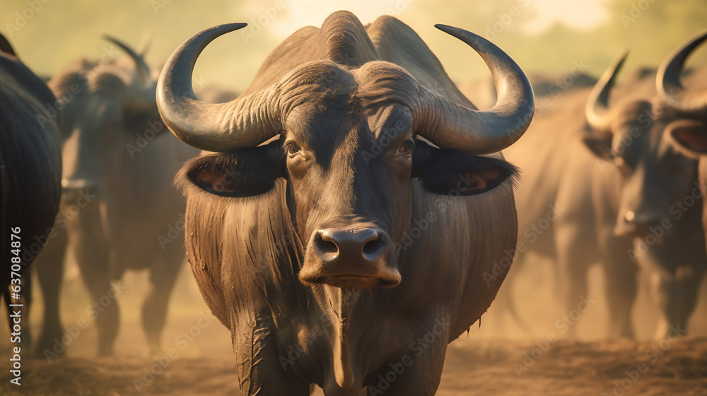 Buffle africain, face à la caméra, hyper-détaillé, en haute définition ...