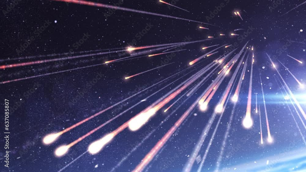 Many meteors burning above earth atmosphere Burning meteors falling ...