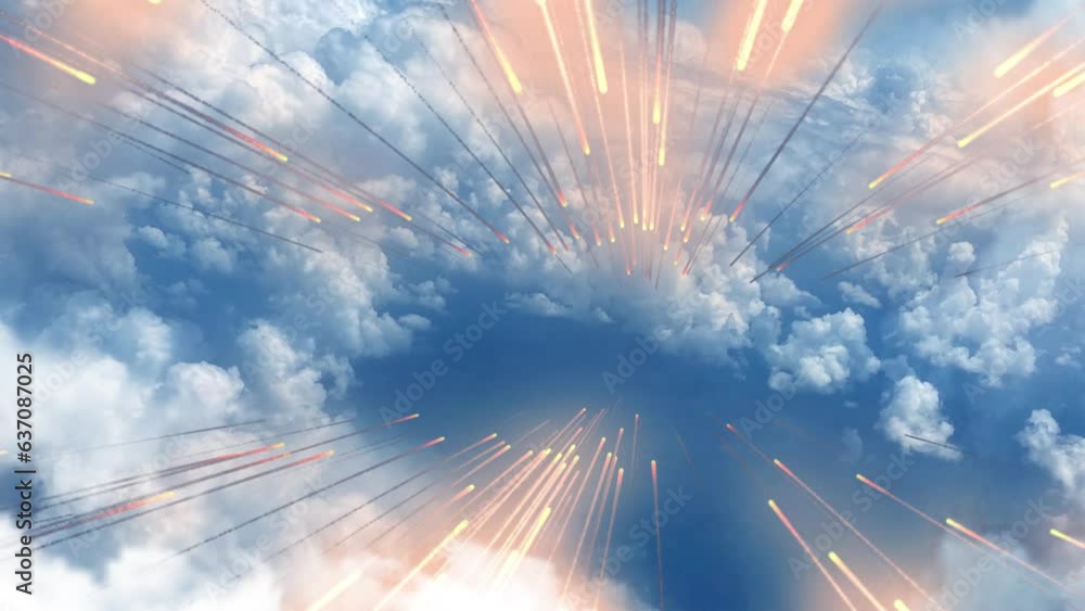 Burning Meteors or missiles above clouds Burning meteors falling from ...
