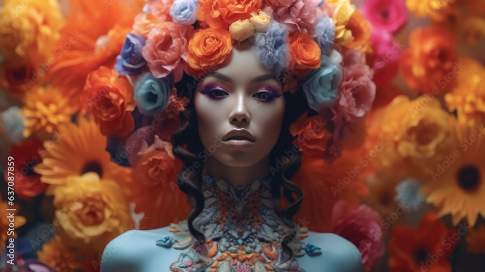 Beautiful woman chief tribe or priestess lady have floral ritual ...