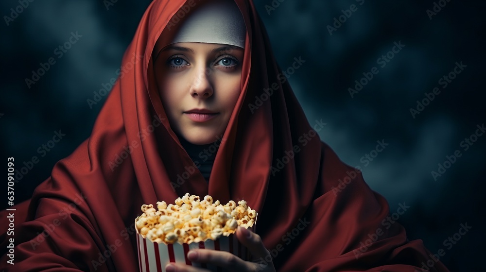 Muslim woman in cinema with popcorn. entertainment for a girl ...
