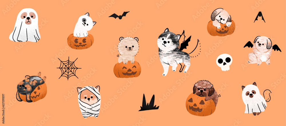 Spooky Paws' Set: Cute Halloween dogs in vector. Diverse breeds don ...