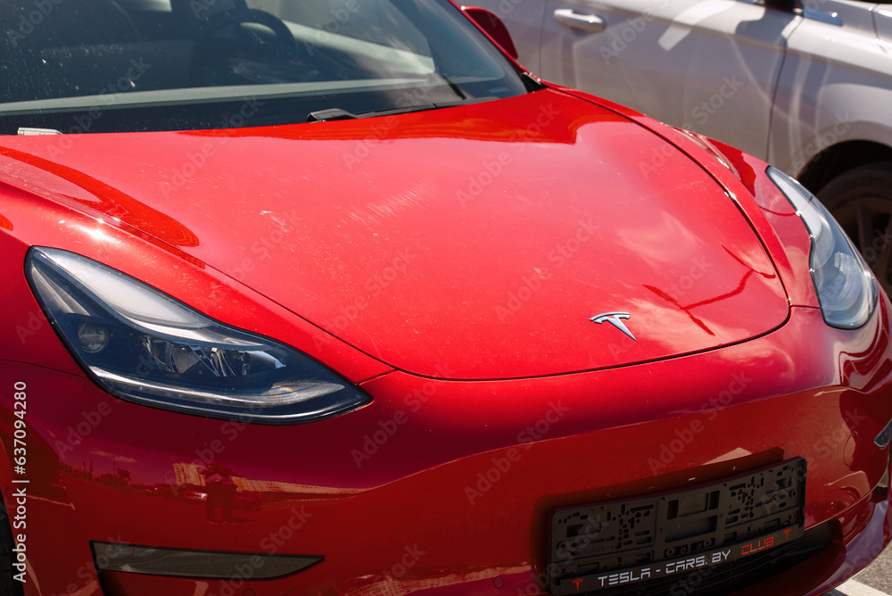 Minsk, Belarus. Aug 13, 2023. Tesla Model 3 headlights body exterior ...