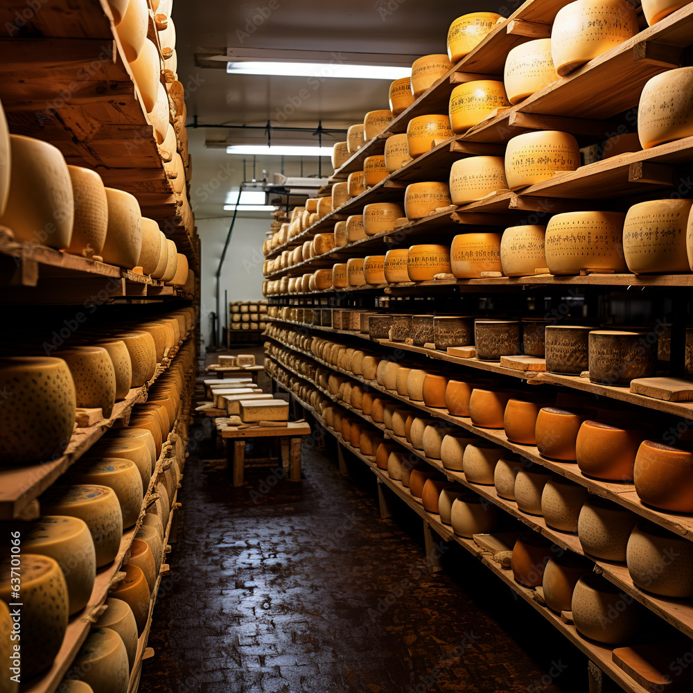 Cheeses maturing in a dark and damp cellar. An assortment of flavorful ...