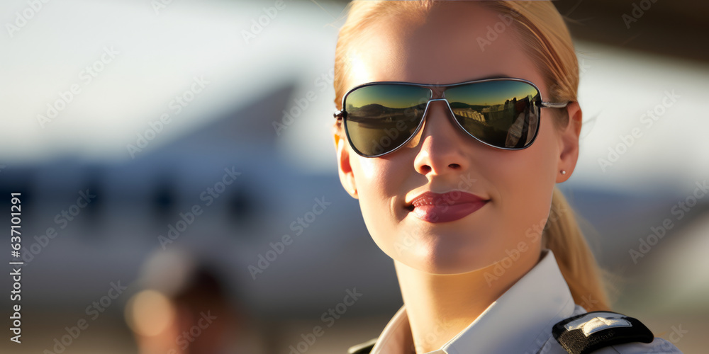 Captivating young female pilot in aviation uniform and goggles ...