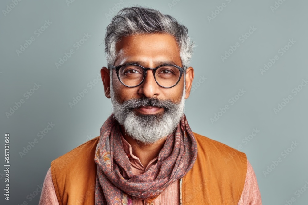 Lifestyle portrait of an Indian man in his 50s wearing a foulard in a ...