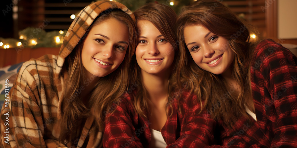 Enchanting scene of three young women in cozy flannel pajamas ...