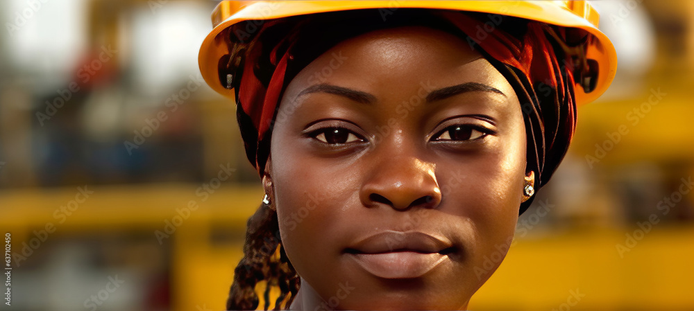 Captivating Nigerian oil worker in jumpsuit and hard hat, posed on ...