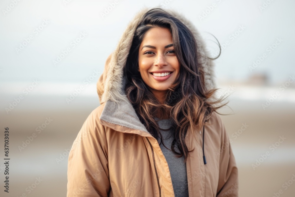 Lifestyle portrait of an Indian woman in her 30s wearing a warm parka ...
