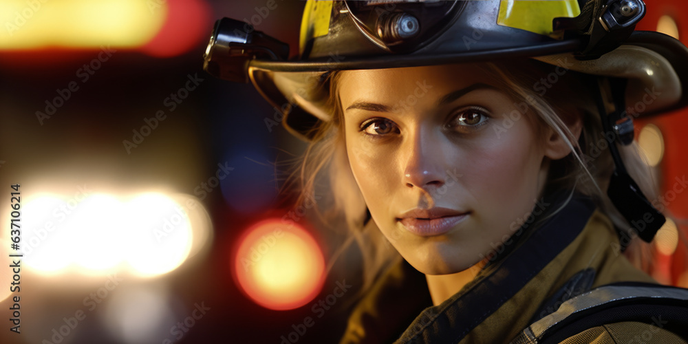 Brave young female firefighter in full uniform, positioned on left ...