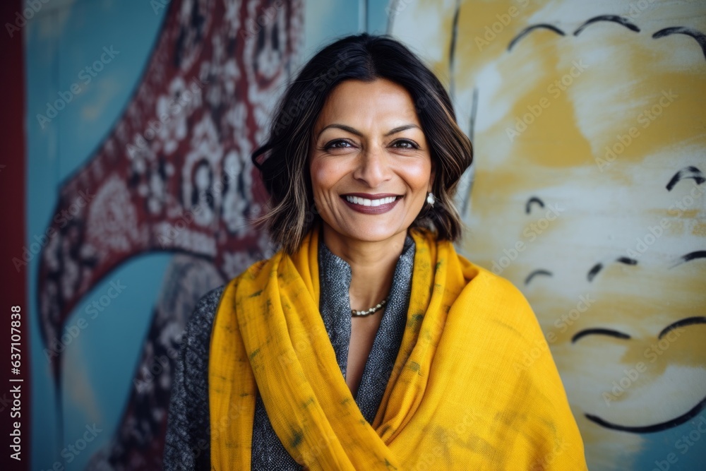 Lifestyle portrait of an Indian woman in her 40s in an abstract ...