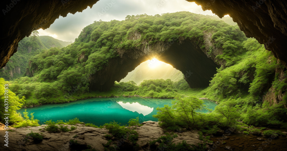 Majestic Stone Arch Oasis. view from the depths of a cave as you gaze ...