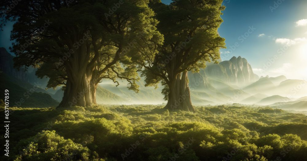 Misty Morning Among Giants. towering giant trees that break through the ...